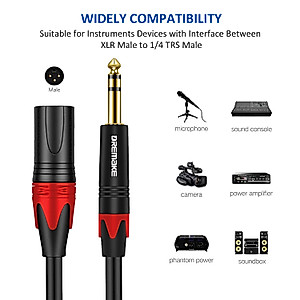 DREMAKE 6.35mm 1/4'' TRS to XLR Male 10FT, 1/4-Inch TRS Male to XLR 3-Pin Male Balanced TRS Cable, TRS 1/4 Inch to XLR Male Audio Stereo Mic Cable for Pro Audio Mixer Microphone XLR to TRS Patch Cord
