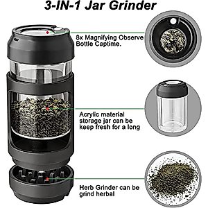 METSHOW Light-Up LED Transparent Seal Storage Jar，Magnifying Viewing Glass Airtight Jar with Grinder ，8 x Magnification Glass(Black)