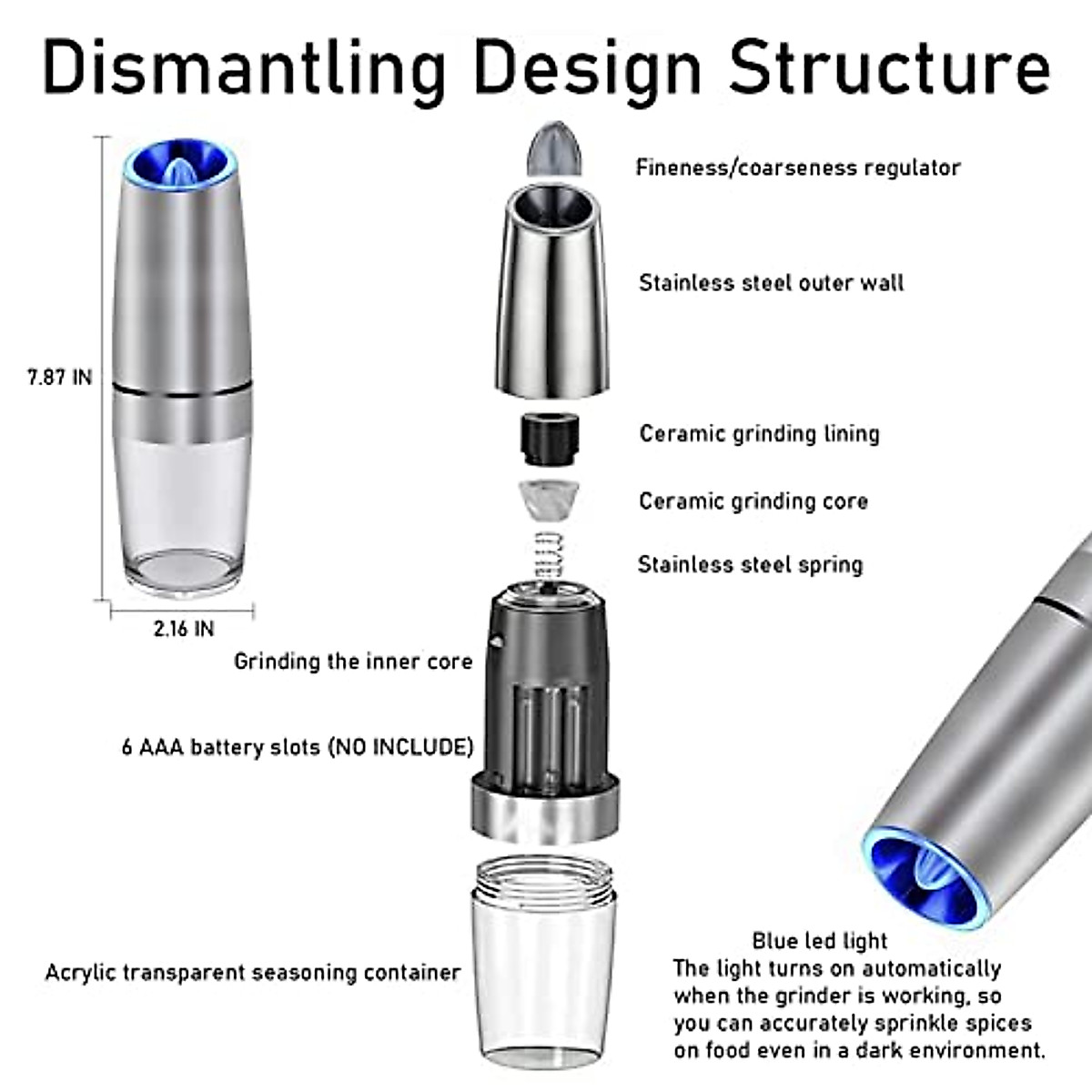 Gravity Electric Salt and Pepper Grinder, SAINSWIN Automatic Pepper Mill Grinder Battery-Operated,Silver Adjustable Coarseness Sea Salt Grinder, LED Light, Utility Brush,One Hand Operated