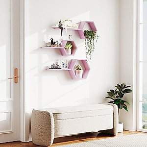 LUDORU Wooden Hexagon Floating Shelves Wall Mounted,Set of 6 Pine Hexagon Shelves Display for Photos,Plants,Rustic Honeycomb Shelves for Living Room,Bedroom,Bathroom, Kitchen, Office Decor, Pink