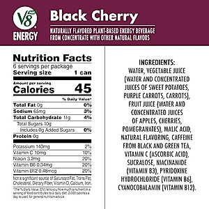 V8 +ENERGY Black Cherry Energy Drink, Made with Real Vegetable and Fruit Juices, 8 FL OZ Can (4 Packs of 6 Cans)