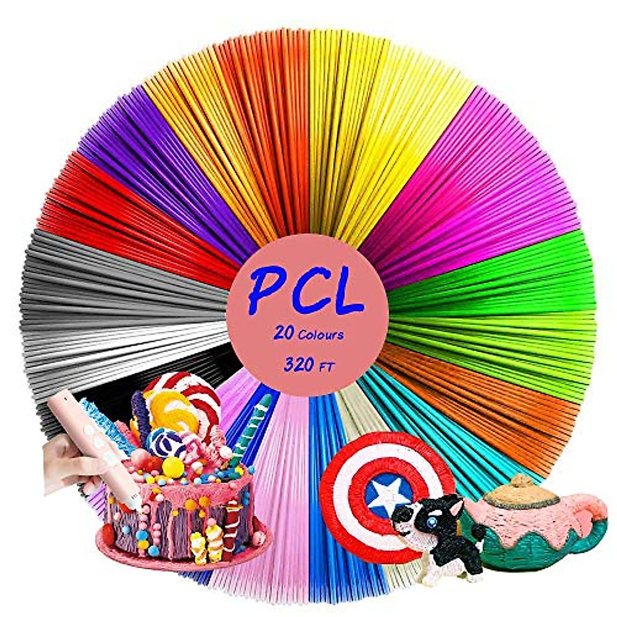 PCL Filament for 3D Pen 20 Colors/320 Ft - Low Temperature of 158°F(70°C) 1.75mm PCL 3D Drawing Pen Filament Refills - High-Precision Diameter,Non-Toxic,Non-Clogging,No Mess 3D Printing Pen Filament…