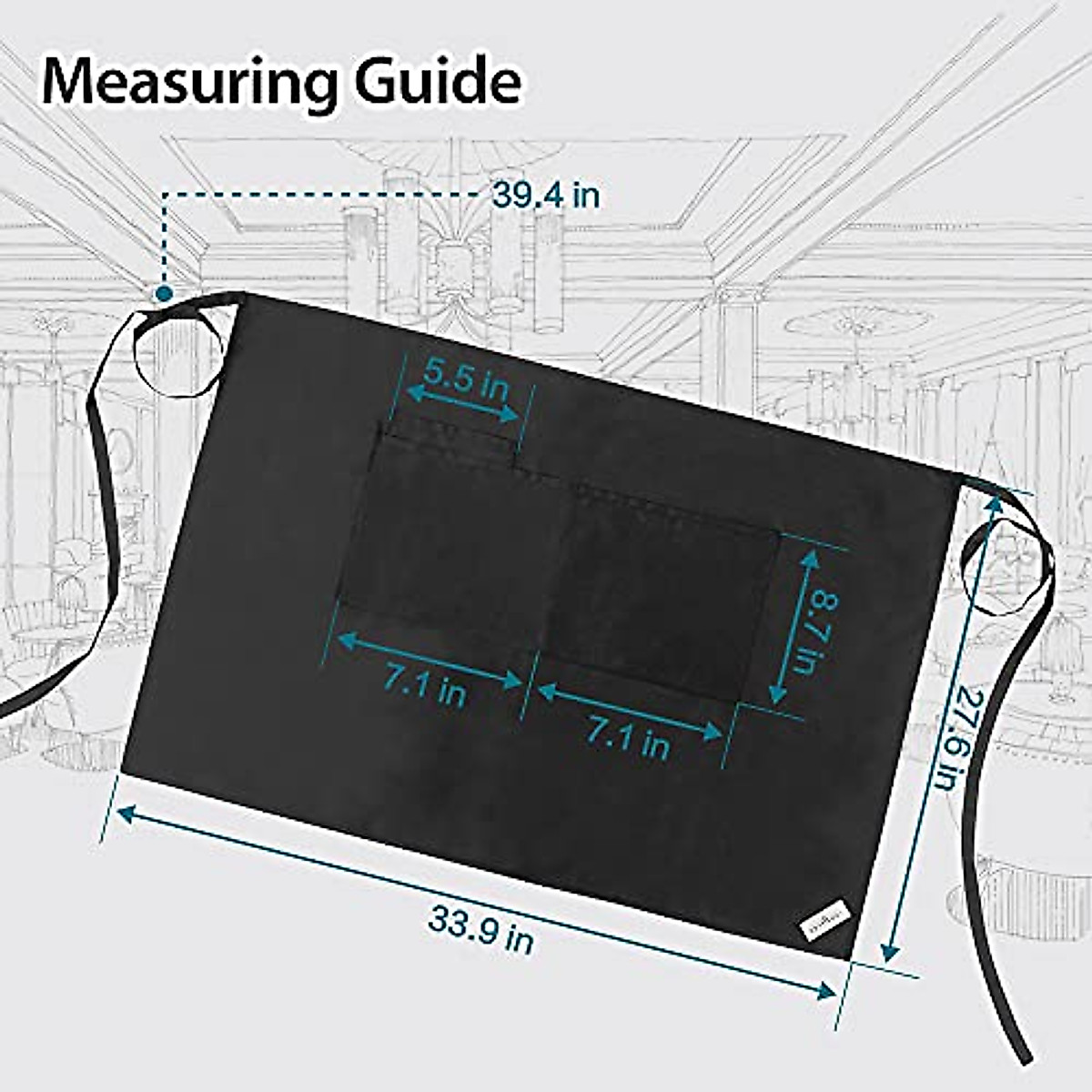 ROTANET Black Bistro Apron Long Server Apron with 3 Pockets Half Large Waist Apron for Work Cafe Uniform Waterproof