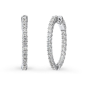 BERRICLE Sterling Silver Cubic Zirconia CZ Medium Fashion Inside-Out Hoop Earrings for Women, Rhodium Plated 1"