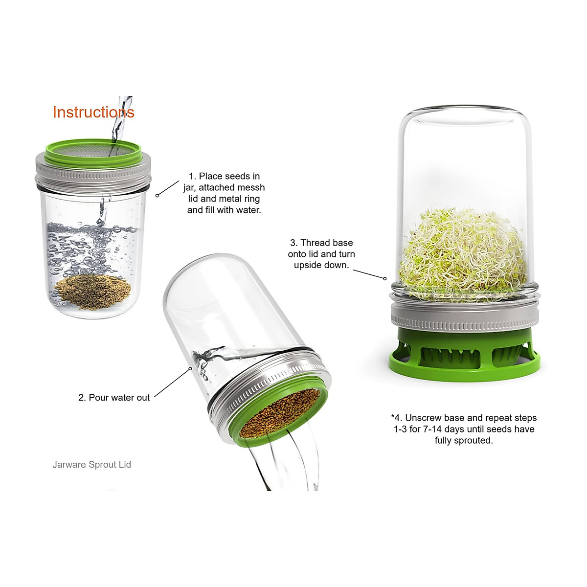 Jarware Mason Jar Lid, Seed Sprouting Lids For Wide Mouth Mason Jars, Set of 2