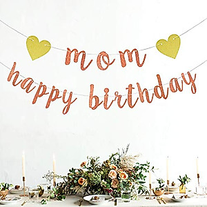 Rose Gold Glitter Happy Birthday Mom Banner - Cheers to Mother's Birthday Bunting Sign- Birthday Party Decorations Supplies for Women