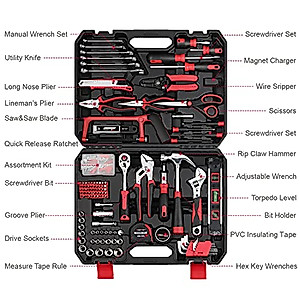 Eastvolt 218-Piece Household Tool Kit, Auto Repair Tool Set, Tool Kits for Homeowner, Plier, Screwdriver Set, Socket Kit and Toolbox Storage Case,Black + Red