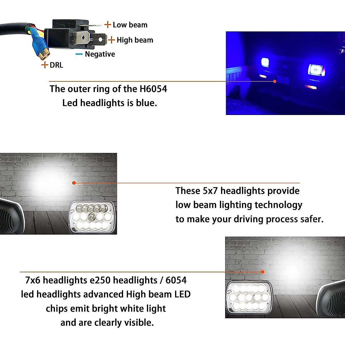 ROLINGER 2PCS H6054 Led Headlights 7x6 5x7 Auto Head Lamp Replacement 2PCS Hi/Low Sealed Beam with Blue DRL Lights Compatible with Jeep Wrangler YJ XJ Cherokee E250 Chevy Van Truck Toyota Mr2