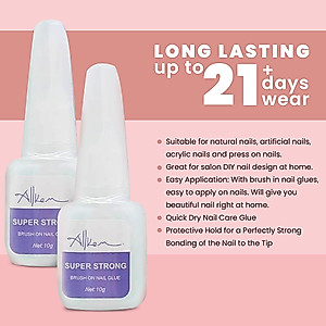 Allkem Super Strong Nail Glue for Press on Nails, Natural, Acrylic Nails, Fake Nails (10g) - Professional & Quick Dry Brush on Nail Tips Glue for Women