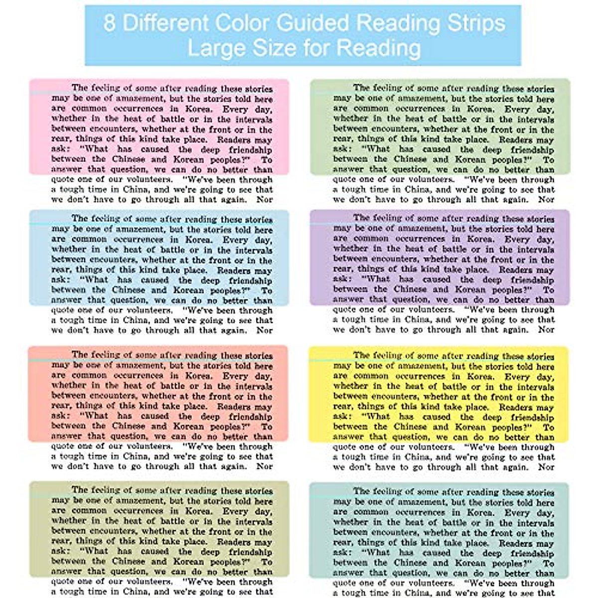 Guided Reading Highlight Strips Colored Overlays Bookmark Reading Tracking Rulers with Line for Dyslexia, ADHD and to Reduce Visual Stress (8 Pack)