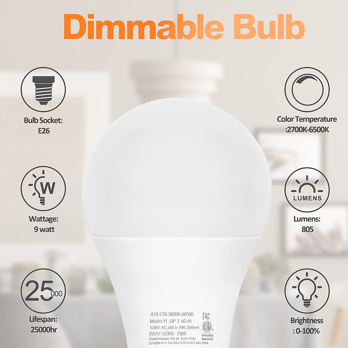 Brilvibera A19 LED Light Bulbs, E26 Dimmable Bulb with Remote Control, Warm White 2700k-6000K, 35000+ Hours Lifespan, Edison Dimmable LED Bulb for Floor Lamp, Desk Lamp, Pendant Light