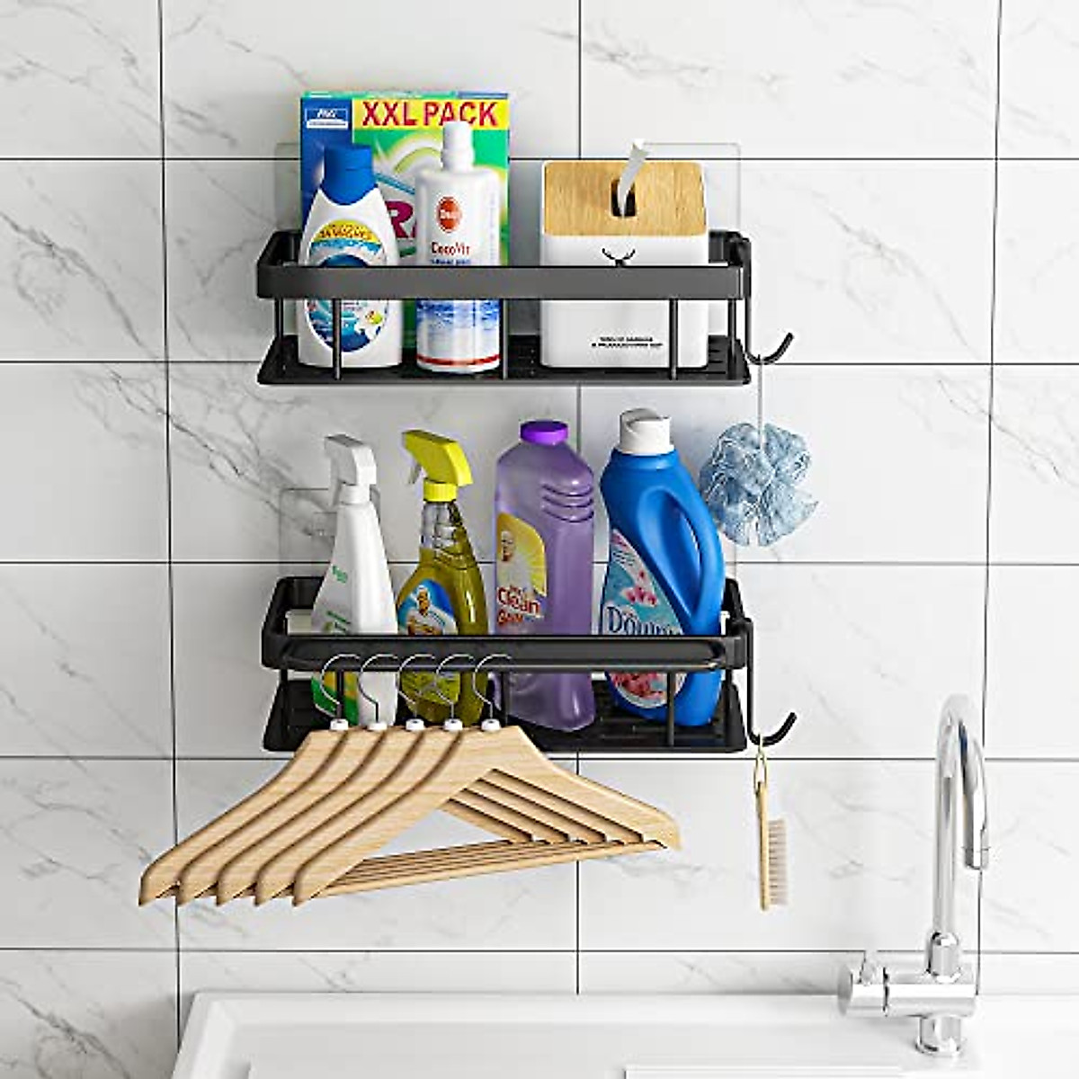Shower Caddy, Black Shower Caddy with 2 Hooks and 1 Towel Bar, Adhesive Shower Caddy Aluminum Bathroom Wall Shelf, No Drilling Shower Organizer for Bathroom Toilet, Kitchen-2 Pack (Matte Black)