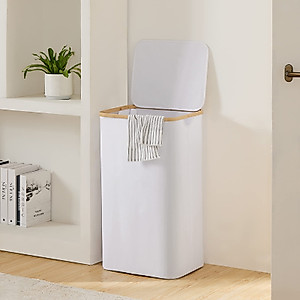 100L Large Laundry Hamper Basket with Lid by YOUDENOVA, Tall Clothes Hamper with Handle, Waterproof and Collapsible Storage Basket for Bedroom and Bathroom, White(16"L 13"W 28"H)