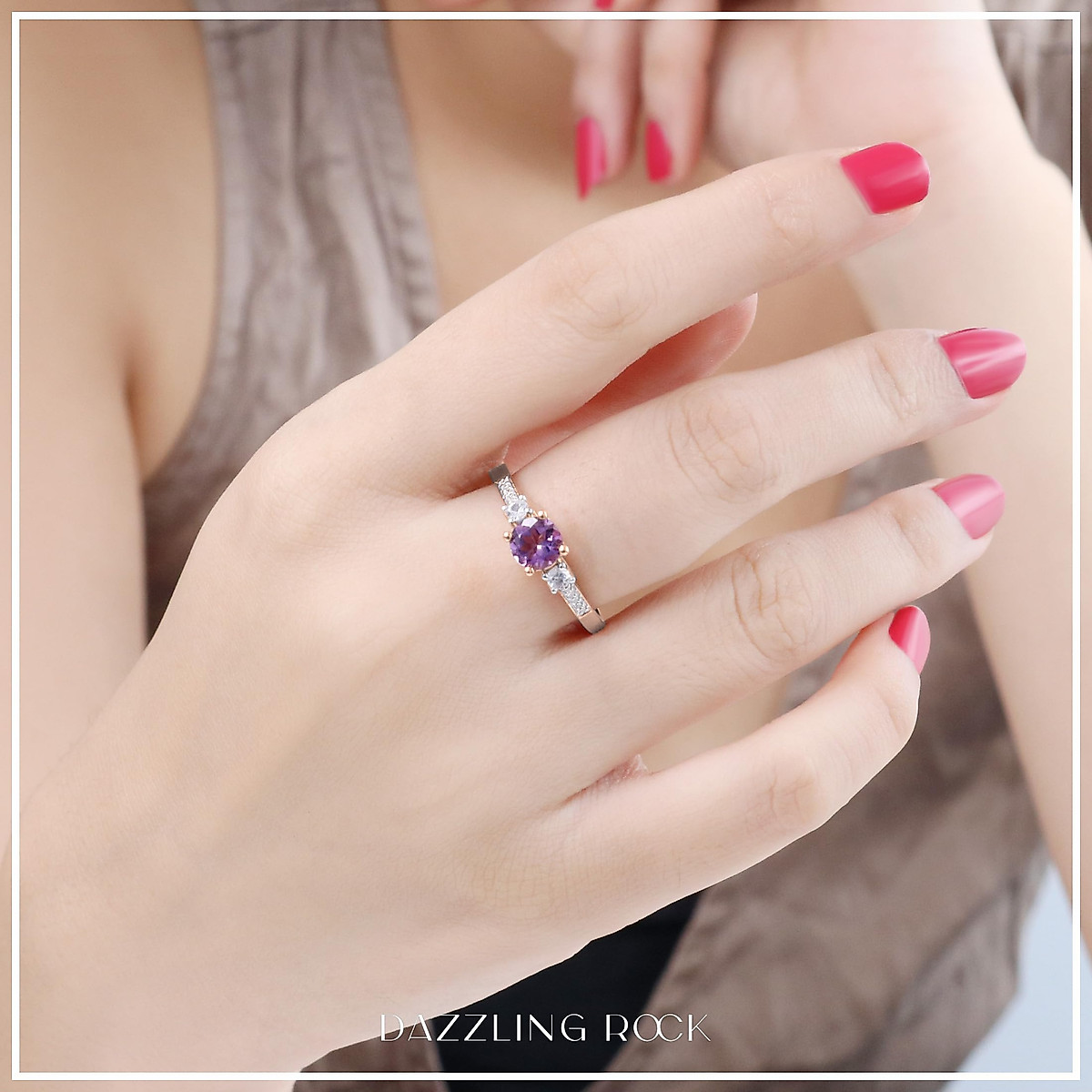 Dazzlingrock Collection 6 MM Round Amethyst,White Sapphire & Diamond Engagement Ring in 10K Rose Gold, Size 7