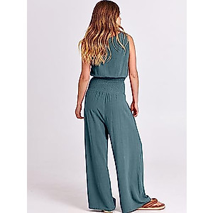 ANRABESS 2 Piece Summer Outfits for Women Casual Lounge Matching Sets Linen Crop Top Long Smocked Waistband Pants Jumpsuits Summer Vacation 2023 Fashion Clothes A1093hulv-M