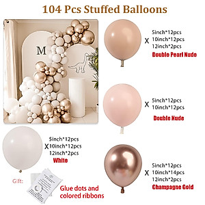 104PCS Nude Neutral Balloon Garland Arch Kit Boho Balloons Garland Double Stuffed Pearl White Balloons Cream Peach Champagne Gold Balloons for Bride Wedding Shower Birthday Party Decorations
