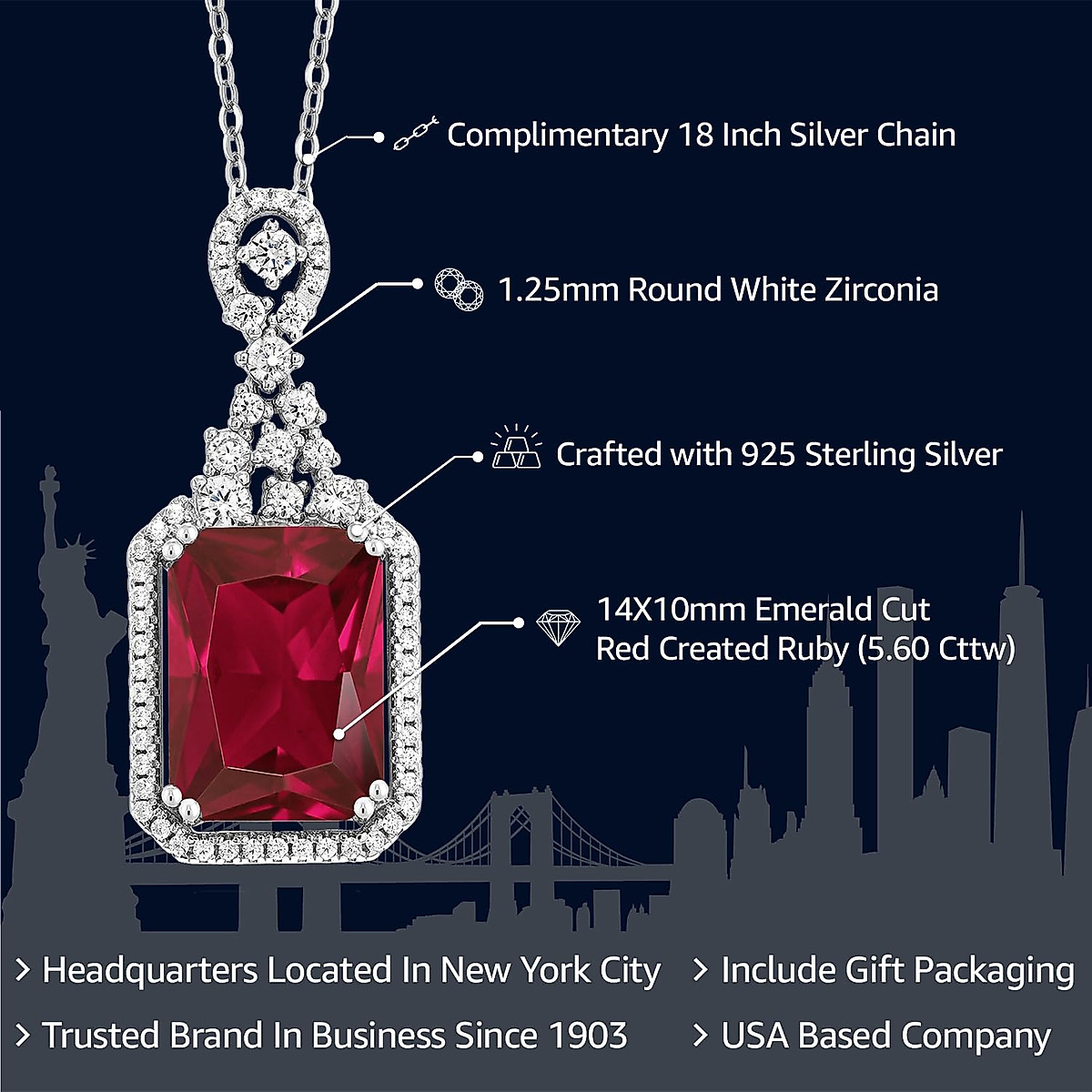 Gem Stone King 925 Sterling Silver Red Created Ruby Pendant Necklace For Women (5.60 Cttw, Emerald Cut 14X10MM, with 18 Inch Silver Chain)