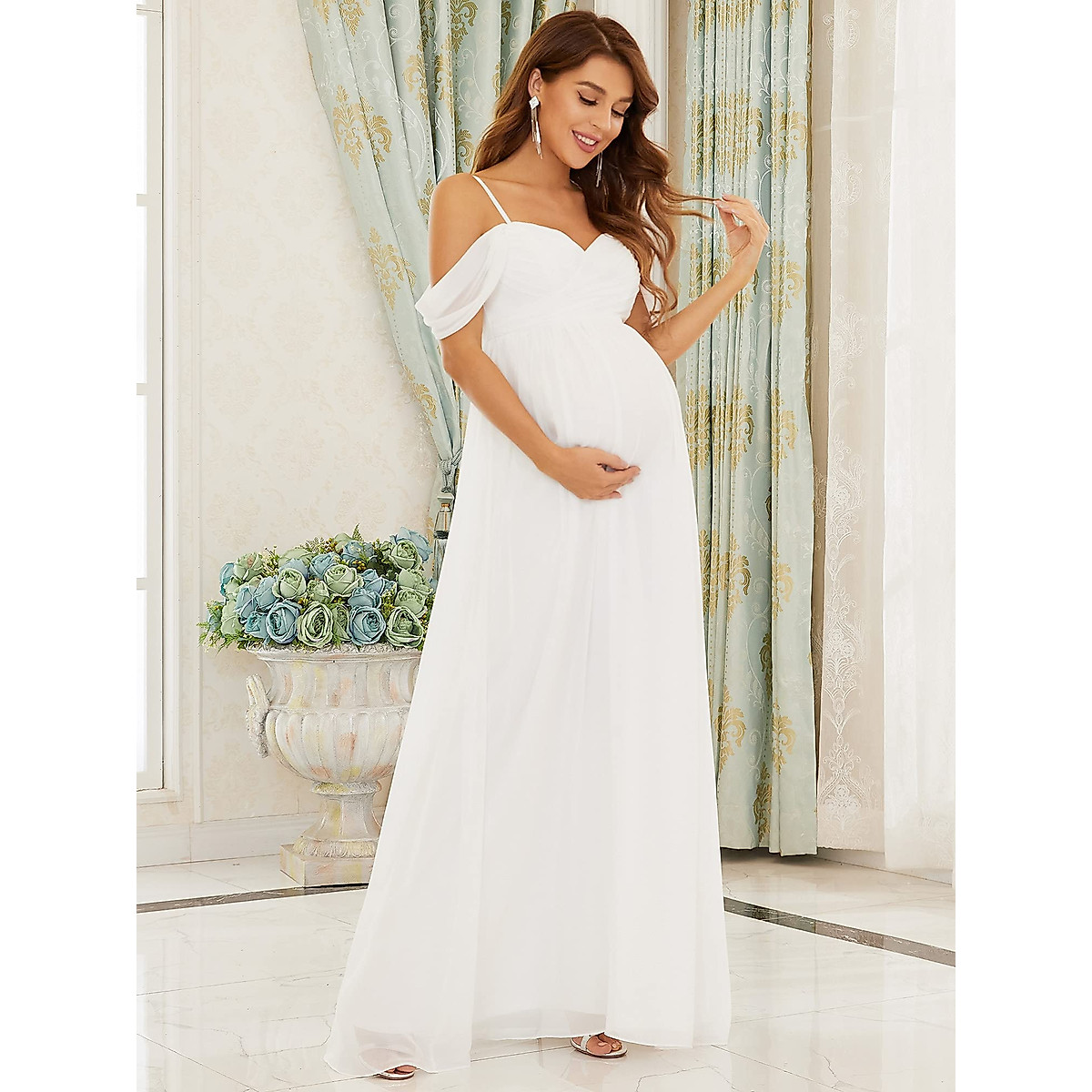 Ever-Pretty Women's Ruched Deep V Neck Off Shoudler Babyshower Dress White US10