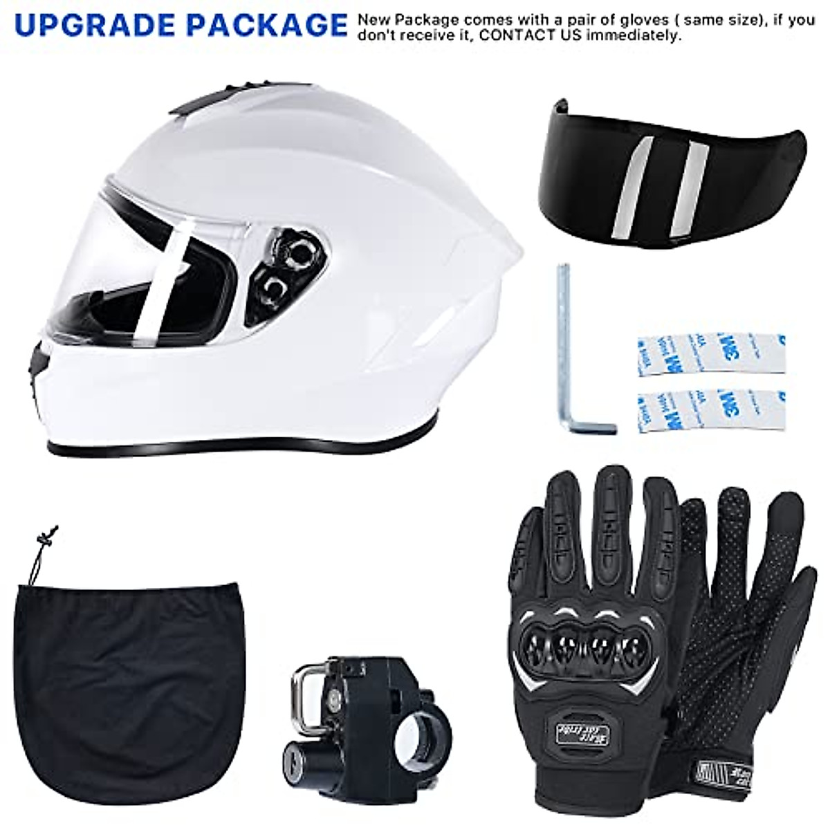 Full Face Motorcycle Street Bike Helmet with Motorcycle Gloves for Men and Women + 2 Visors DOT Model and Helmet Lock for BMX ATV MTB Riding, Road Racing, Cycling(MH-White, Large)