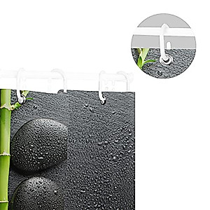 Black Zen Basalt Stones with Dew Green Bamboo on Dark Waterproof Shower Curtain, Machine Washable Polyester Cloth with 12 Hooks, No Smell Bath Tub Stall Curtain Liner 72"(W) x72(H)
