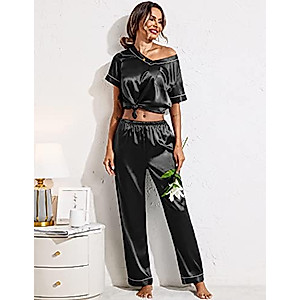 Ekouaer Short Sleeve Pajamas Set for Women Satin Silk Long Pant Pj Set Sleepwear Two Piece Nightwear Black L