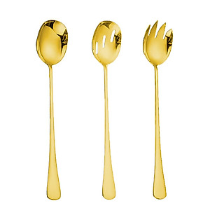 ARFUKA Salad Servers Salad Serving Sets Stainless Steel 11" Buffet Salad Spoon and Salad Fork Dishwasher Safe Large Metal Serving Utensils Gold, Set of 3