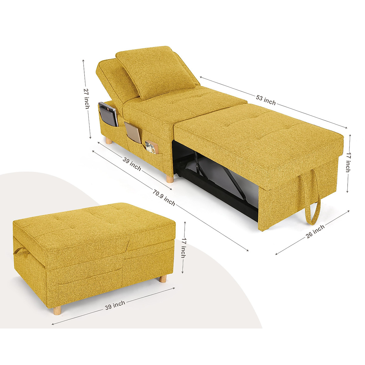 SEJOV Sleeper Sofa Chair Bed,4-in-1 Convertible Sofa Bed Chair with 6 Adjustable Backrest and Pillow, 3-Seat Pull Out Sleeper Chair Linen No Backrest for Bedroom Small Space Living Room, Yellow