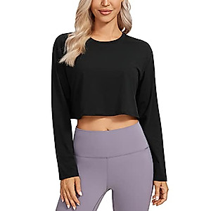 CRZ YOGA Pima Cotton Long Sleeve Shirts for Women Workout Crop Tops Loose Cropped T-Shirts Athletic Gym Shirts Black Medium