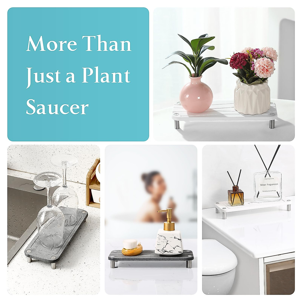 Plentio 2PCS Longer Water Absorbing Stone Tray for Sink, Quick Drying Stone Sink Tray, Diatomite Sponge Holder & Soap Dish for Counter, Instant Dry Sink Caddy Kitchen Sink Organizer, White