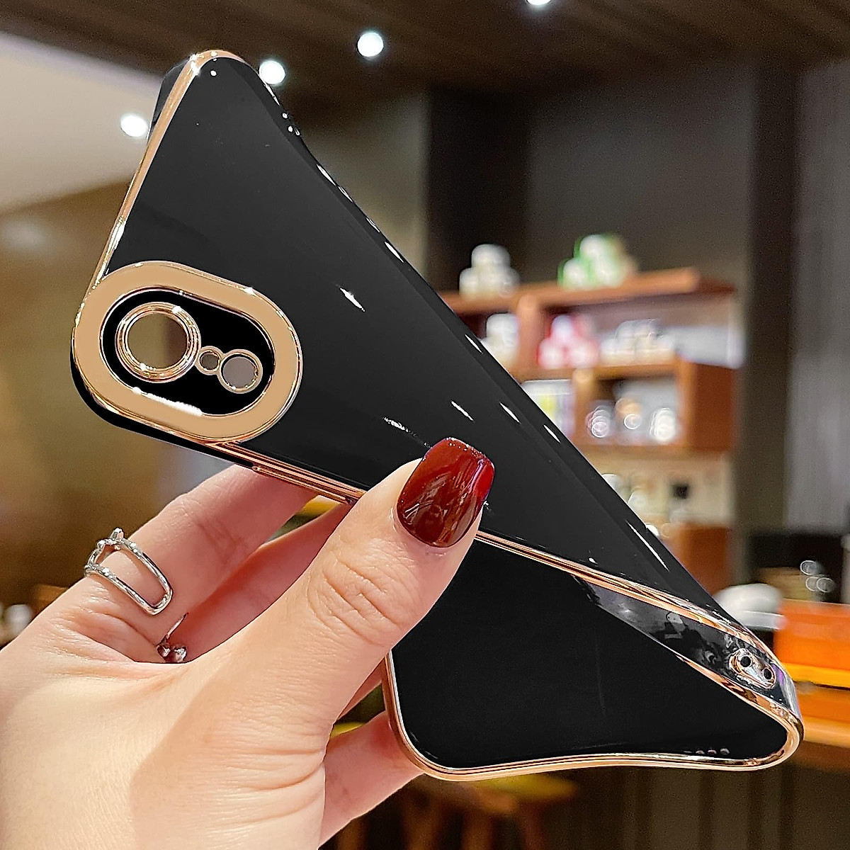 Lafunda Compatible with iPhone Xr Case, Cute Luxury Plating for Women Girls Elegant Golden Edge Pretty Shockproof TPU Bumper Cover with Silicone Camera Protective Phone Case for iPhone Xr, Black