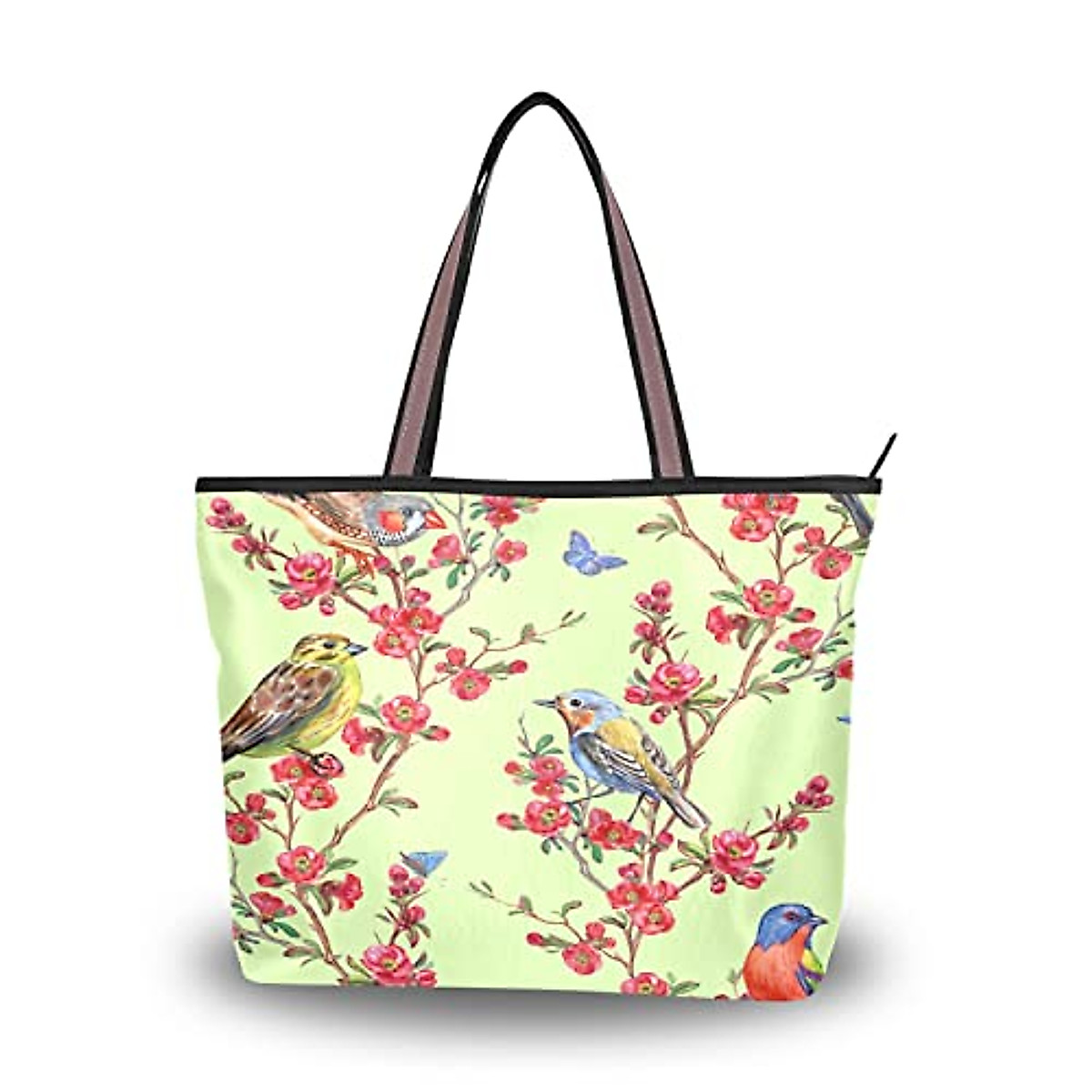 Flower Tote Bag with Zipper Long Handles Bird Floral Handbag Shoulder Bag