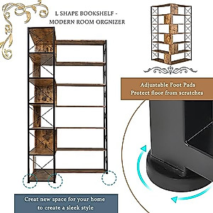 PKUGU 7 Tier Open Bookshelf, Tall 7 Tier Bookshelf, Organizer for Bedroom, Mid Century Modern Shelves, Industrial Style Shelf with Open Storage, L-Shaped Corner Bookcase with Metal Frame, Brown+Black