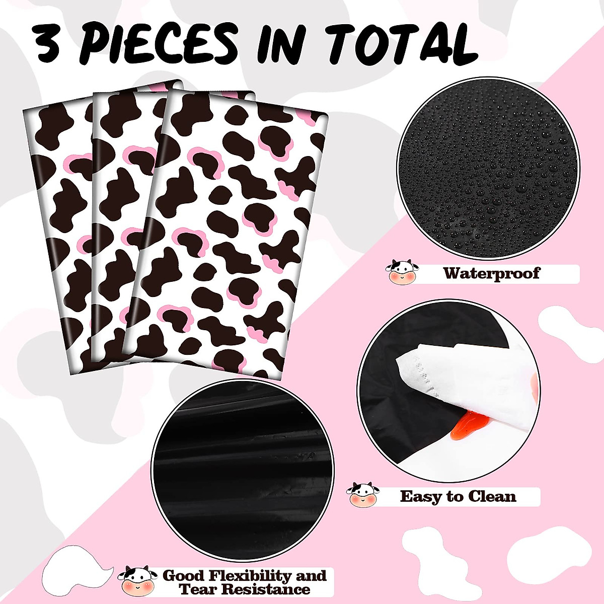 3 Pcs Pink Cowgirl Cow Print Table Cover Plastic Rectangle Cowgirl Farm Animal Theme Party Tablecloth Pink Black and White Cow Print Disposable for Kids Barnyard Baby Shower Birthday Party Supplies
