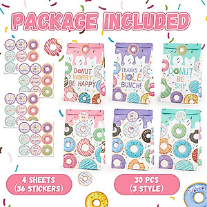 30 PCS Donut Party Favor Candy Bags with 36 Stickers, Sweet one two Birthday Party Decorations, Donut Candy Goodie Bags for Girls Kids Birthday Party, Baby Shower, Weddings, Valentines, Halloween
