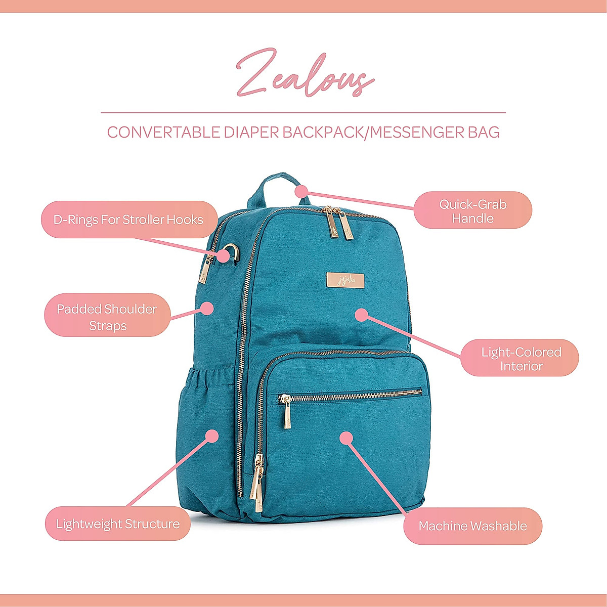 JuJuBe Zealous Diaper Bag Backpack and Fashionable Travel Bag with 9 Pockets