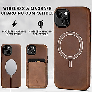 Belemay Compatible with iPhone 15 Leather Case Magsafe - Top Grain Vintage Crazy Horse Leather - Metal Buttons & Camera Bezel Bump - Slim Fit & Soft Feel - Premium Phone Cover (6.1-inch) Retro Brown