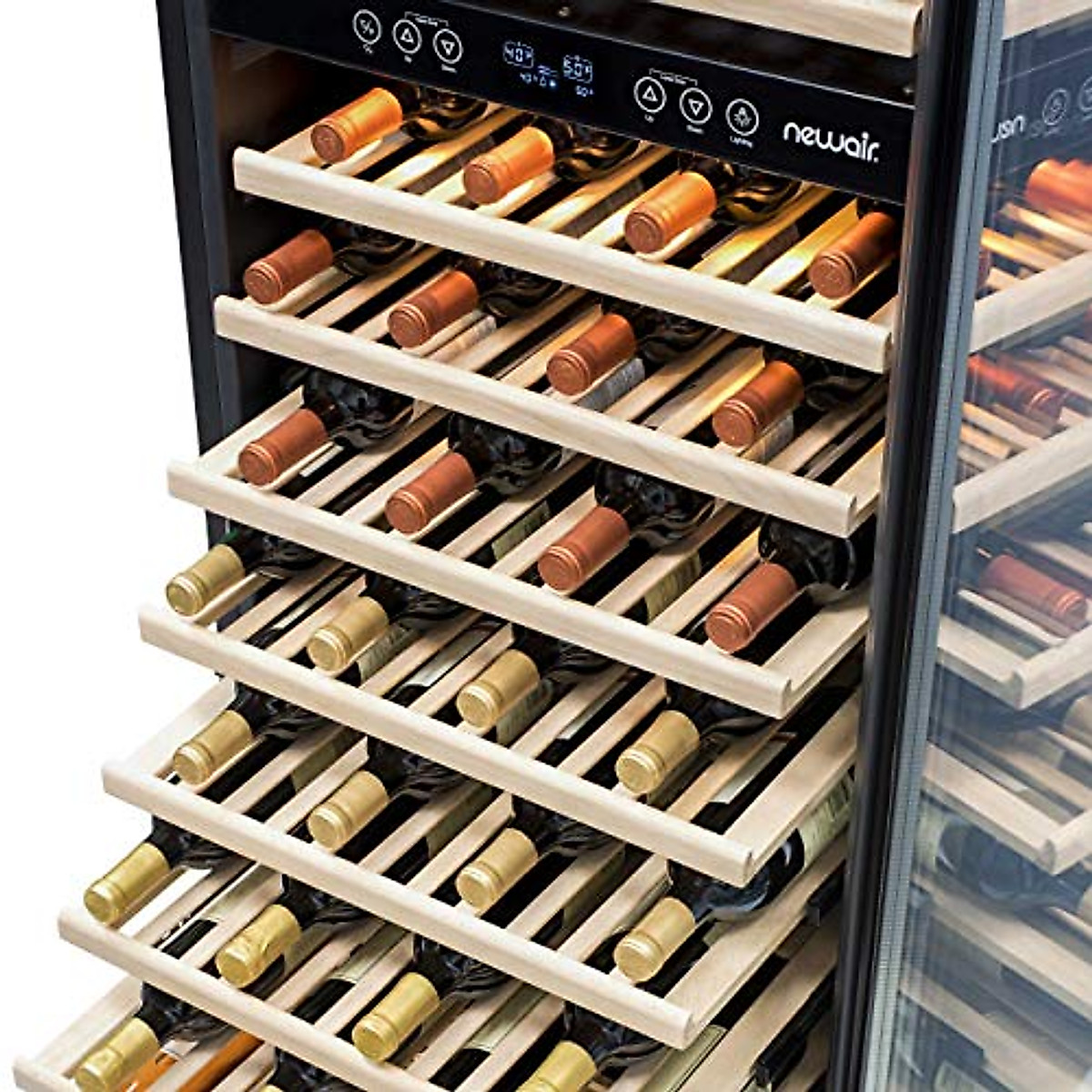 NewAir 24" Wine Cooler Refrigerator, Large 160 Bottle Built-in or Freestanding Dual Zone Wine Cellar in Stainless Steel with Precision Thermostat, and Full Extension Beechwood Shelves