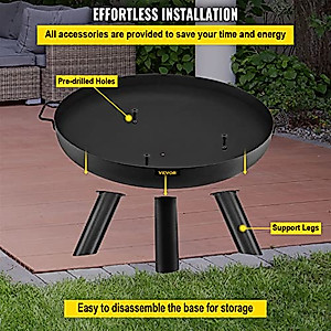 VEVOR Fire Pit Bowl, 30-Inch Deep Round Carbon Steel Fire Bowl, Wood Burning for Outdoor Patios, Backyards & Camping Uses, with A Drain Hole, Portable Handles and A Firewood Stick, Black
