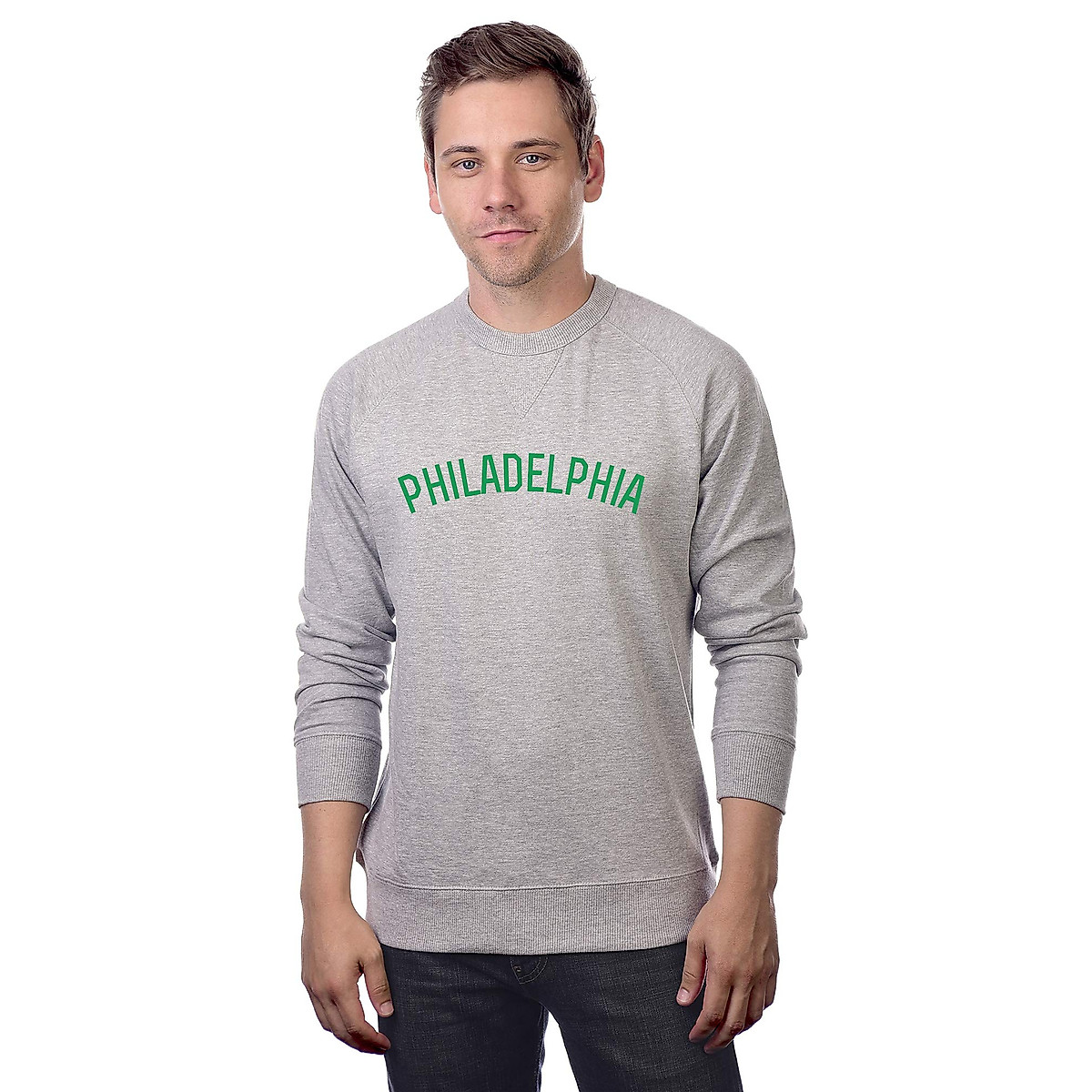 Daxton Philadelphia Sweatshirt Fit Pullover Crewneck French Terry Fabric, HthGrey Sweatshirt Green Letters, 1XL