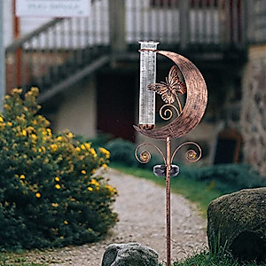 Rain Gauge Outdoor, 35 Inch Solar Powered Metal Butterfly and Moon Garden Stake with Glass Tube for Garden Yard Deck Outdoors Fence Decoration