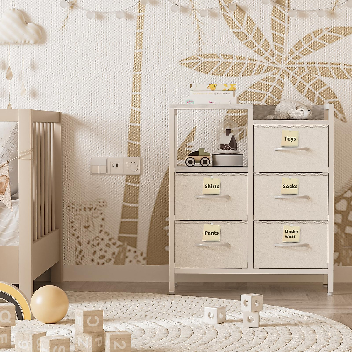 Furnulem White Dresser for Bedroom, Small Nightstand with 2-Tier Open Shelf and 5 Fabric Drawers, Storage Unit Organizer Tower Furniture for Living Room, Hallway, Dorm, Closets(White)