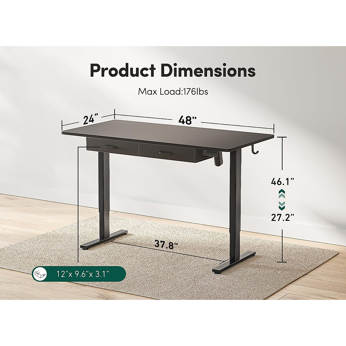 FEZIBO Adjustable Height Electric Standing Desk with Double Drawer, 48 x 24 Inches Stand Up Home Office Desk with Splice Tabletop, Black Frame/Black Top