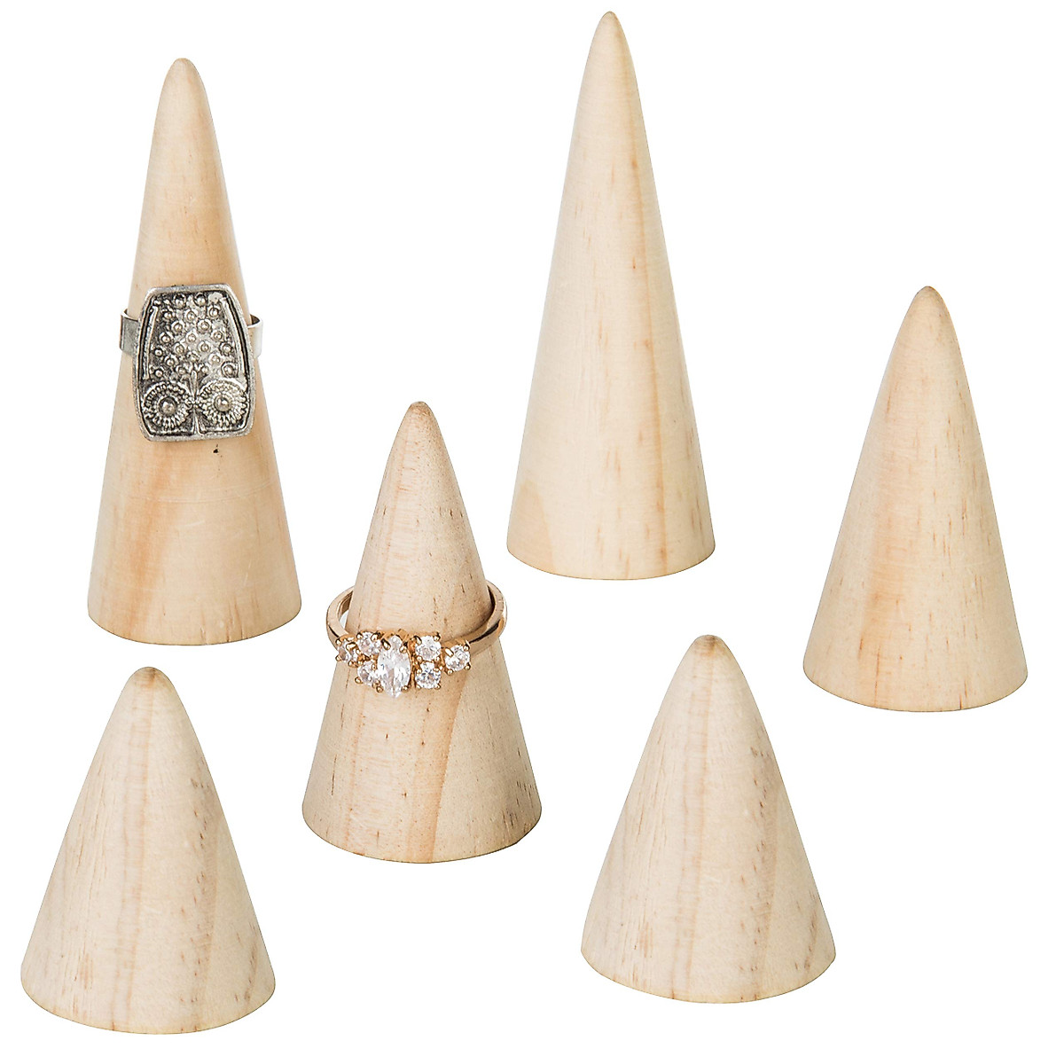 MyGift Natural Wood Wedding Ring Holder for Jewelry Engagement, Costume Ring Cone, Set of 6