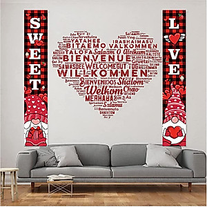 Gnome Valentine's Day Porch Sign Heart Banner Sweet Love XOXO Cutouts Door Sign Porch Sign Outdoor Indoor Be Mine Valentines Day Party Hanging Decor (RED)