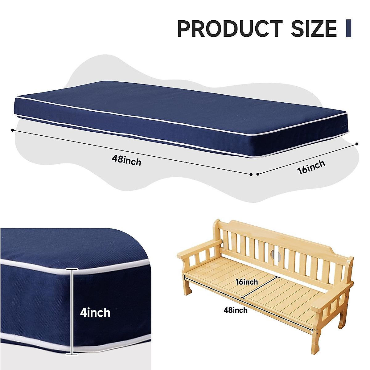 PNP FKJP Outdoor Bench Cushion 48" x 18" x 3", Waterproof Patio Furniture Cushions,Outdoor Porch Swing Cushion,Navy (Cushion + Cover)