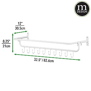 mDesign Metal Wall Mount Equipment Storage Rack and Organizer for Garage Organization; 10 Heavy Duty Accessory Hooks, Overhead Storage Space; Holds Sports Equipment; Garden and Lawn Tools - White
