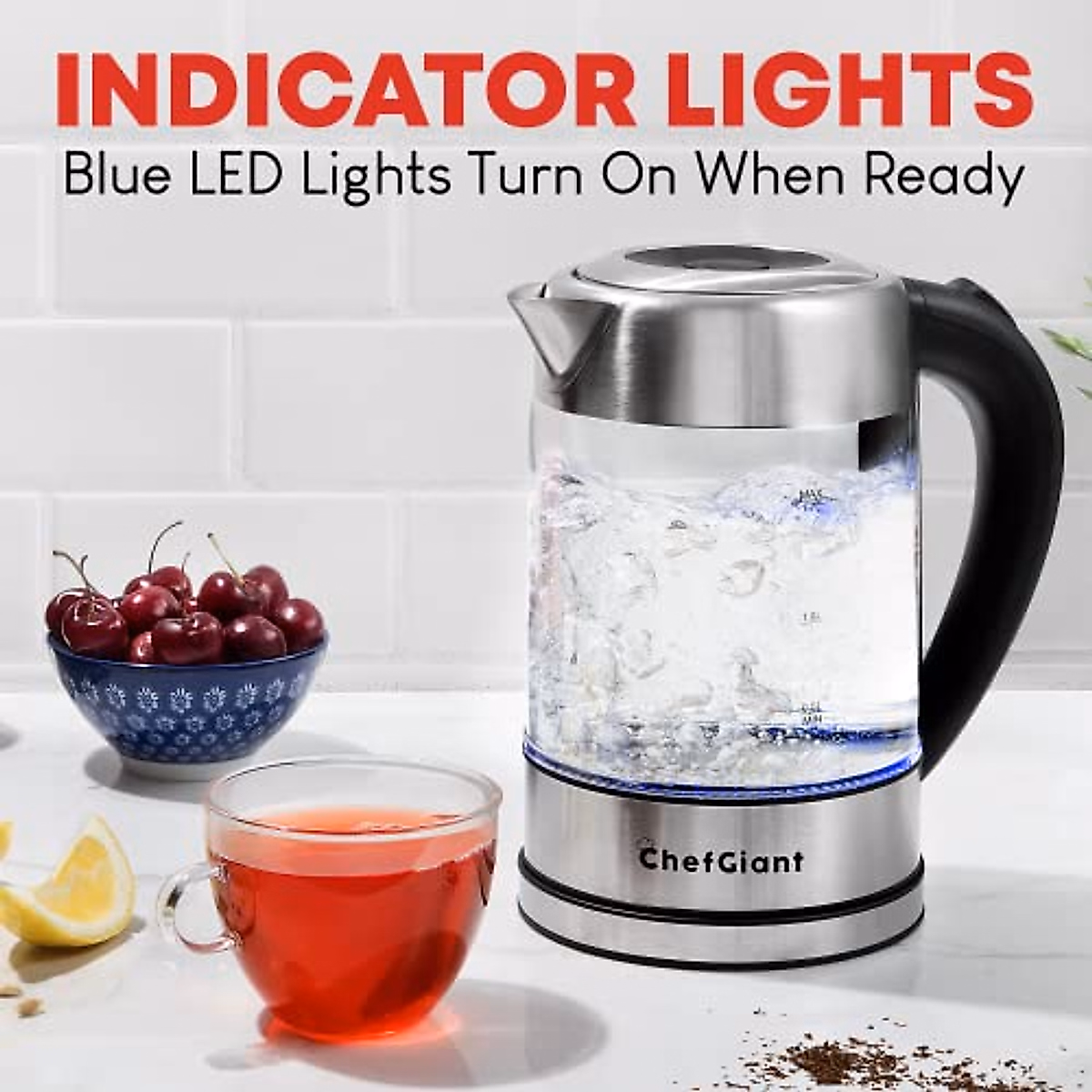 ChefGiant Cordless Electric Tea Kettle - 1.7L Hot Water Boiler Made of Glass & Stainless Steel - Large Capacity Water Heater with Auto Shut-Off