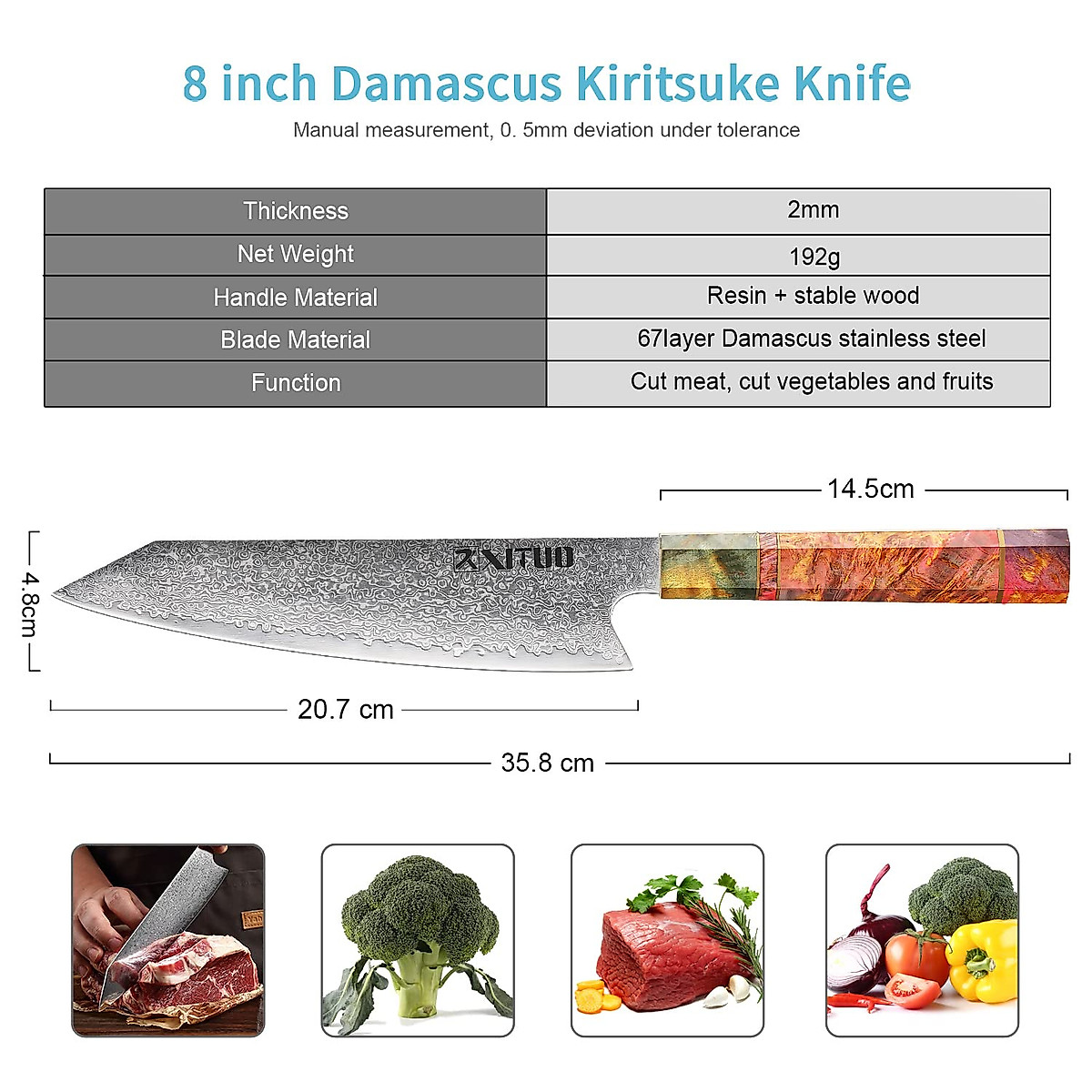 XT XITUO Kiritsuke Chef Knife,8 inch kitchen Knives Japanese VG10 Steel Damascus Kitchen Meat Sushi Cutting Cleaver Knife w/octagon Wood handle Gift Box (8-Inch Kiritsuke Knife)…