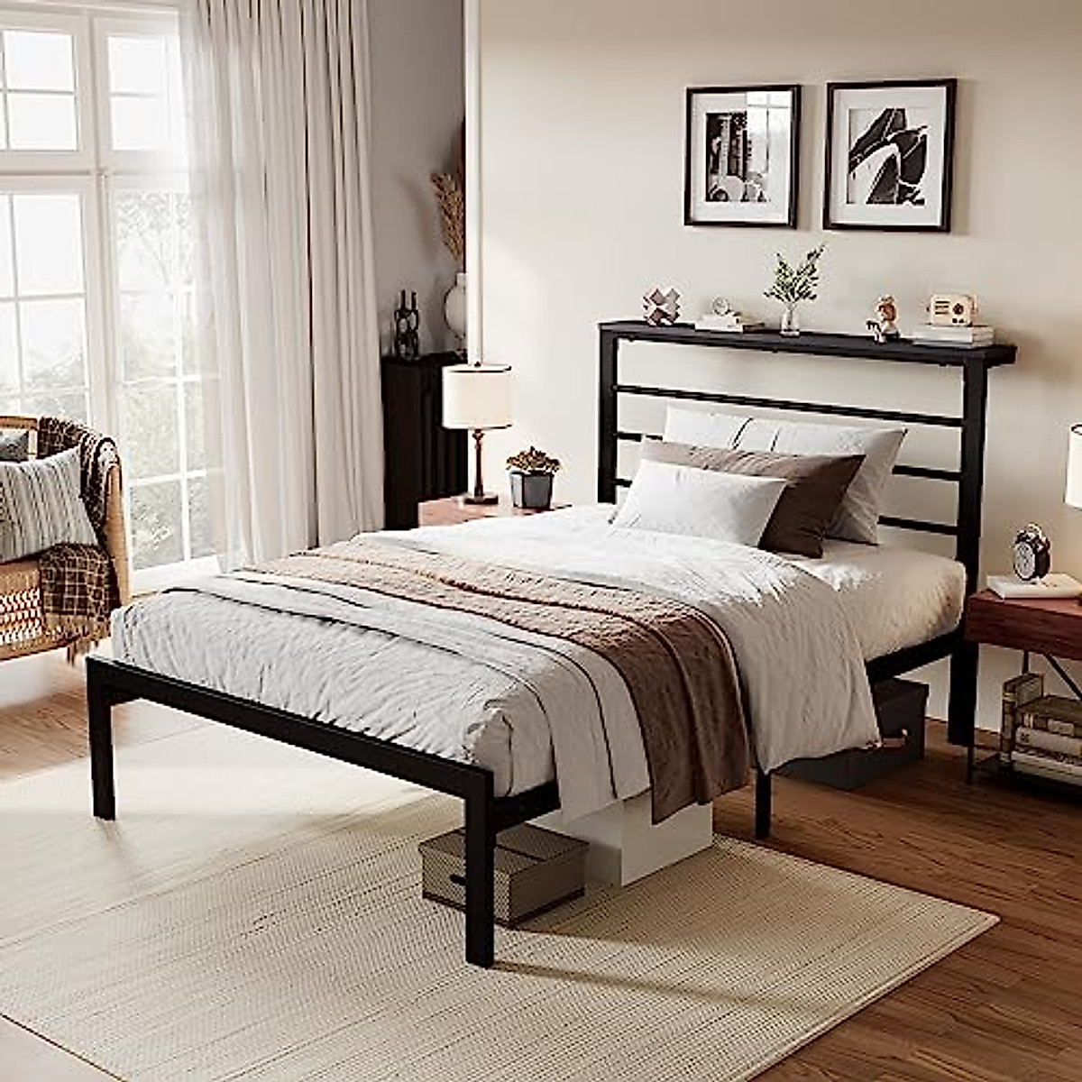 SHA CERLIN Twin Size Bed Frame with Headboard Shelf, Heavy Duty Platform Bed Frame with Strong Metal Foundation, No Box Spring Needed, Black
