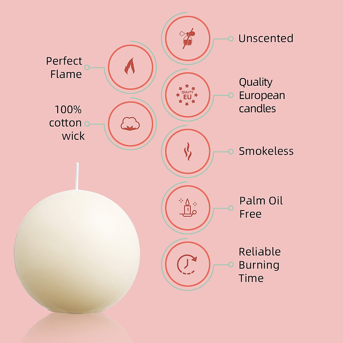 Ball Pillar Candles Set of 3 Ivory 3Inch Unscented Handpoured Weddings, Home Decoration, 75 Hour